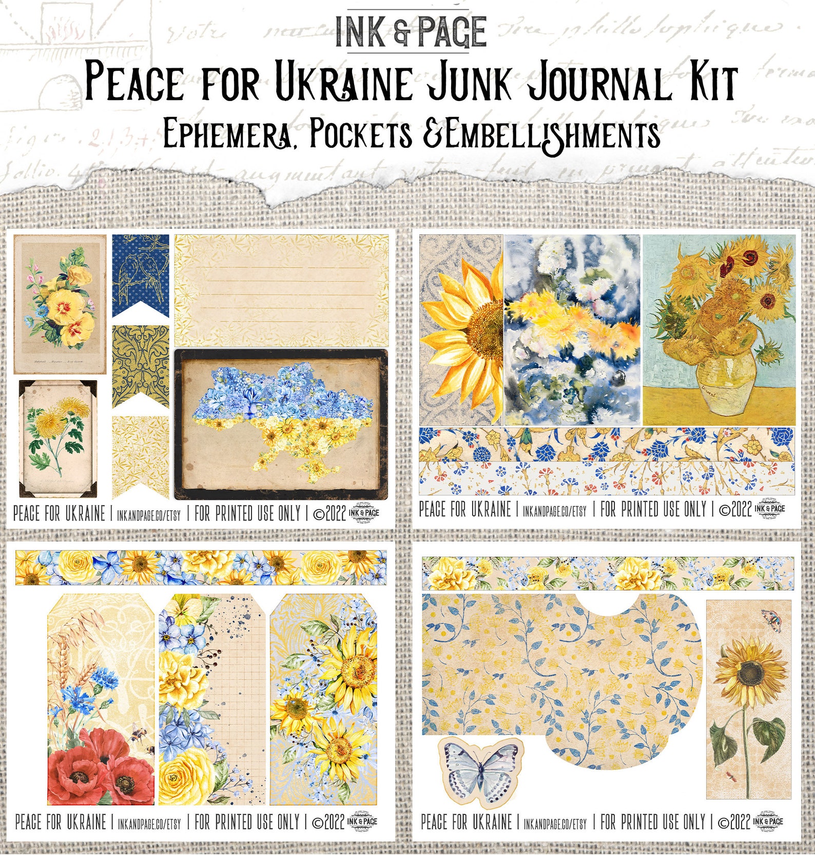 Peace for Ukraine Printable Junk Journal Kit, Sunflowers Vintage ...