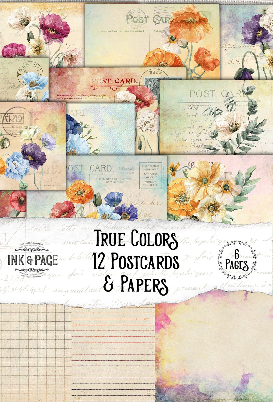 True Colors Postcards Printable, Rainbow Floral, Junk Journal Ephemera ...