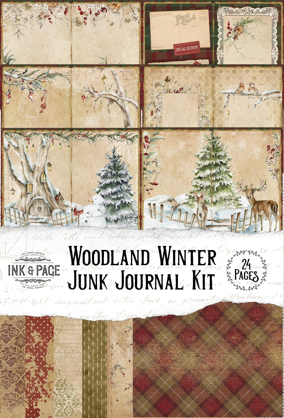 Woodland Winter Junk Journal Printable Kit, Vintage Christmas Ephemera ...