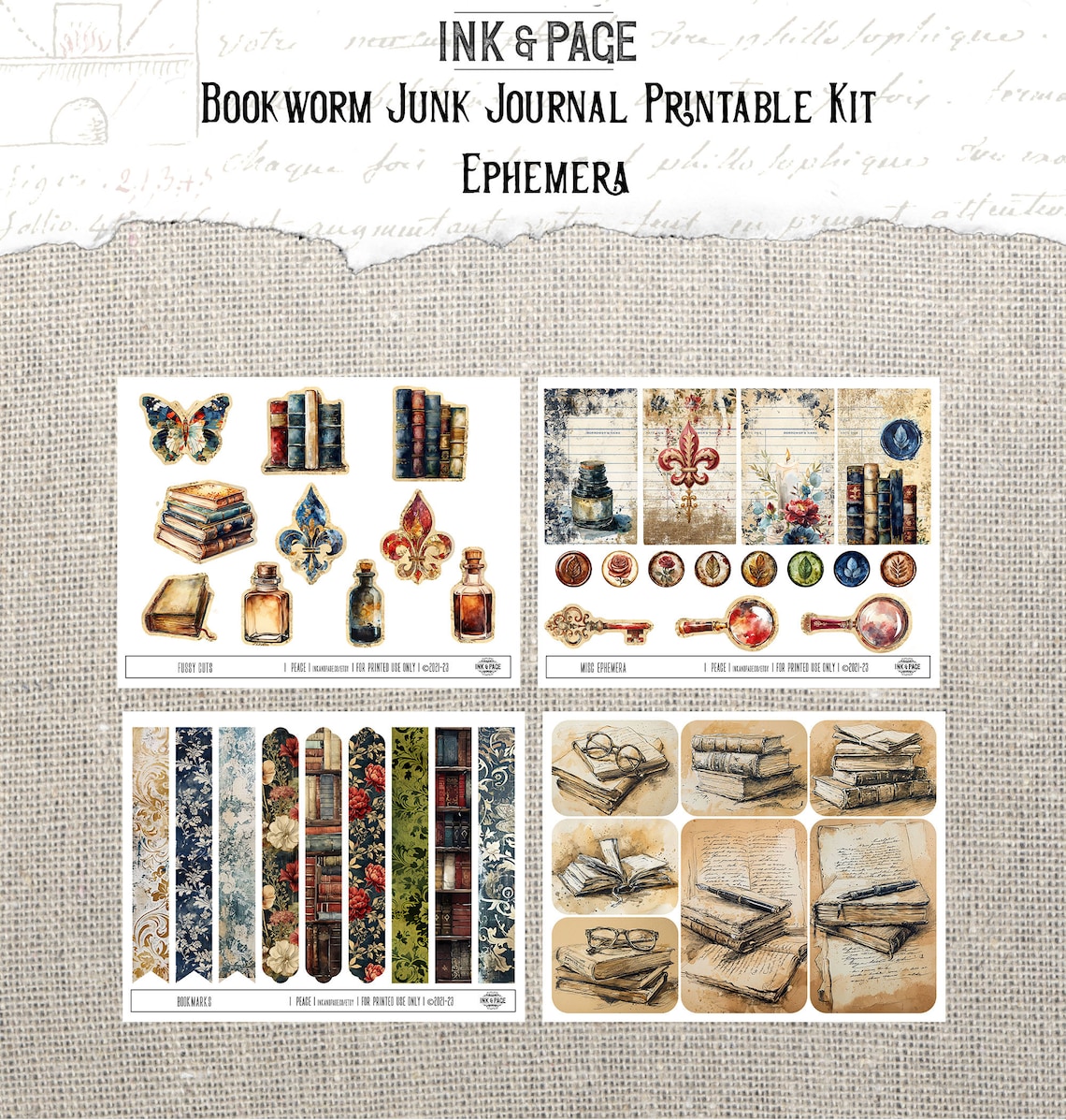 Bookworm Junk Journal Printable Collage Sheets Vintage Library Digital ...