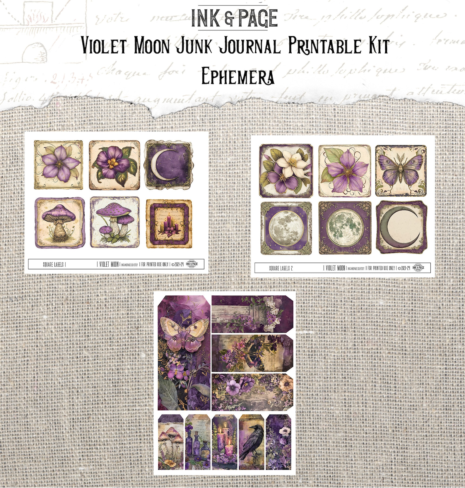 Violet Moon Junk Journal Printable Kit Celestial Collage Paper Digital ...