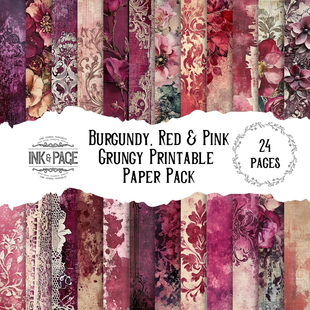 Burgundy Red & Pink Printable Paper Pack Pretty Grungy Collage Distress ...