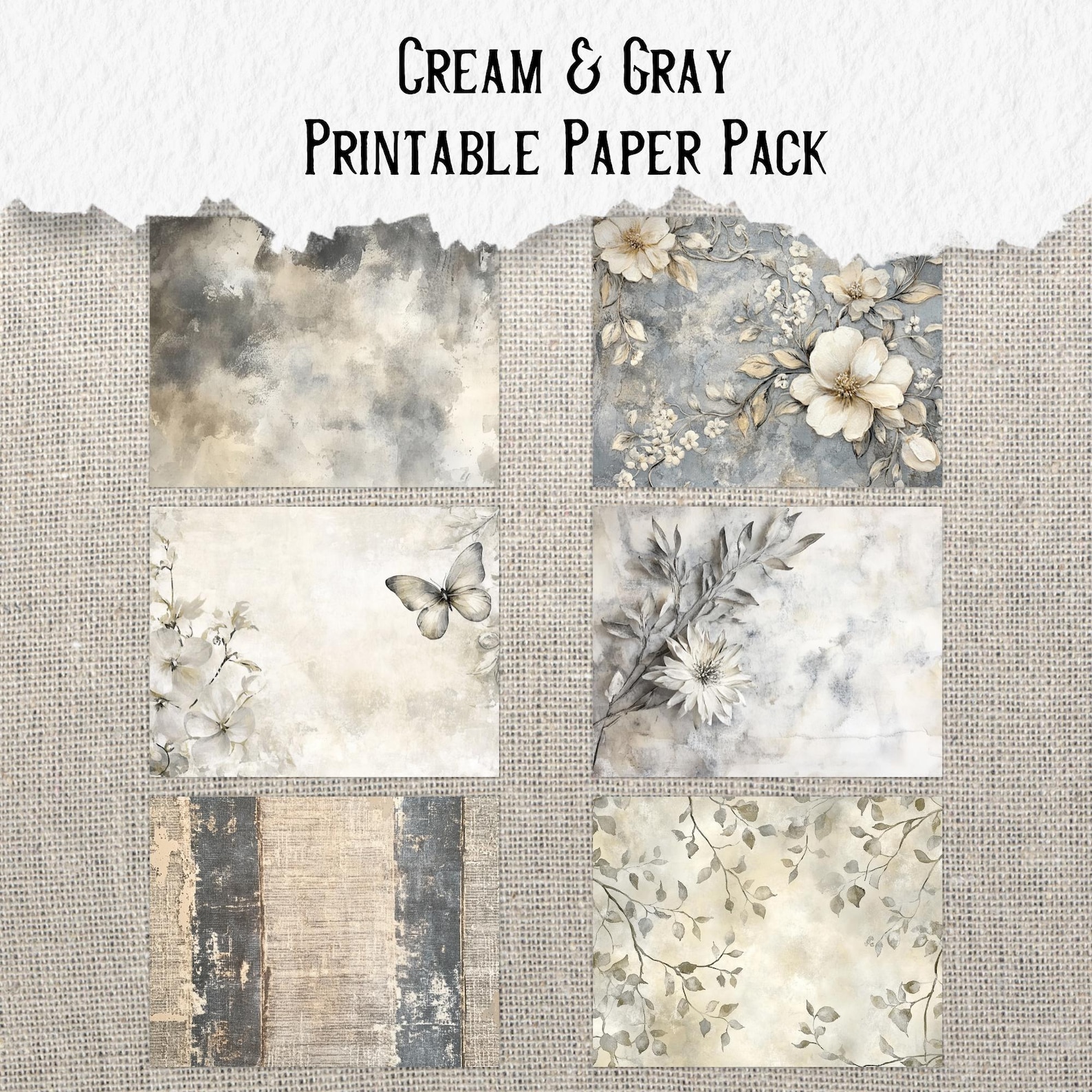 Cream and Gray Printable Paper Pack Pretty Grungy Collage Distressed ...