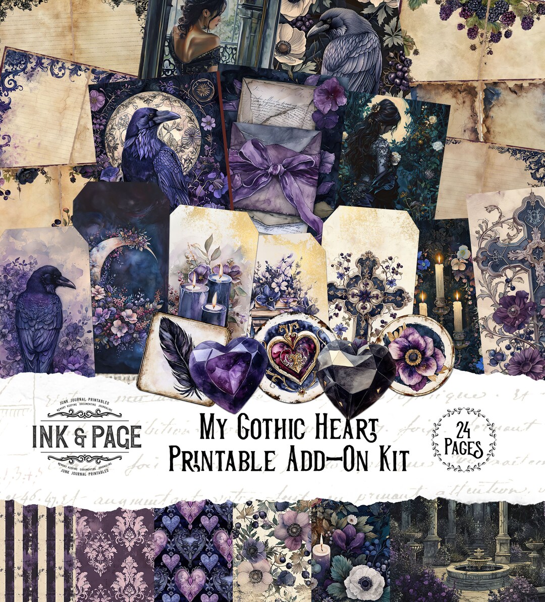 My Gothic Heart Junk Journal Printable Ephemera Add-on Kit Tags Digital ...