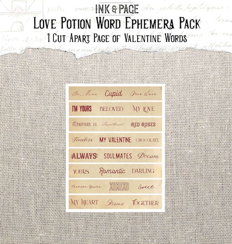 Valentine's Day Printable Word Ephemera Pack, Love Potion, Vintage Junk ...