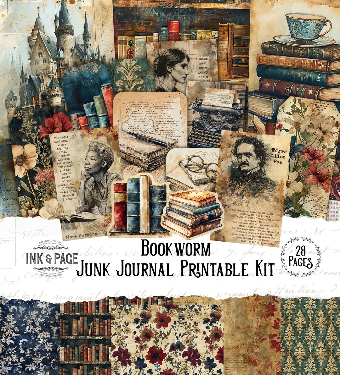 Bookworm Junk Journal Printable Collage Sheets Vintage Library Digital ...