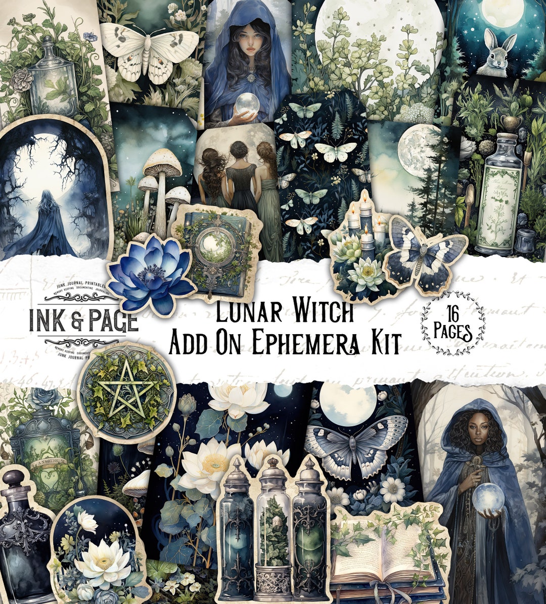 Lunar Witch Printable Ephemera Junk Journal Embellishments Moon Digital ...