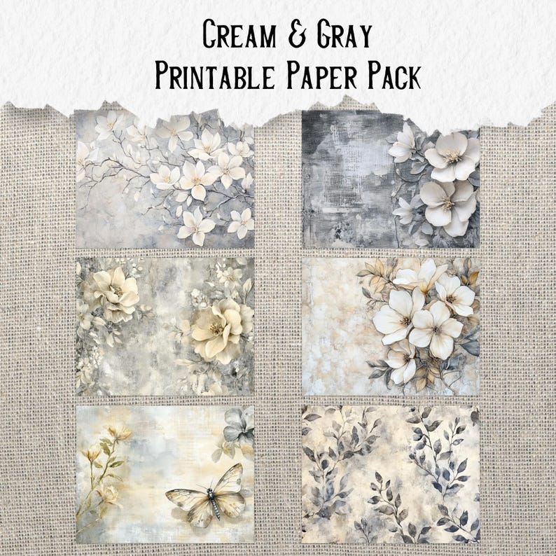 Cream and Gray Printable Paper Pack Pretty Grungy Collage Distressed ...