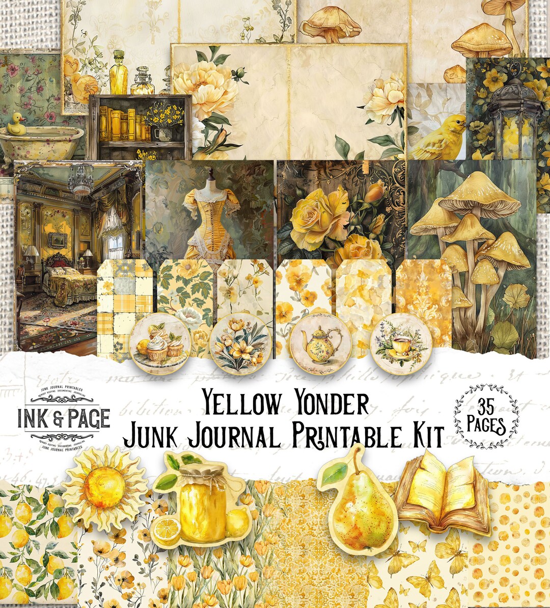 Yellow Yonder Printable Junk Journal Kit Ephemera Digital Download Gold ...
