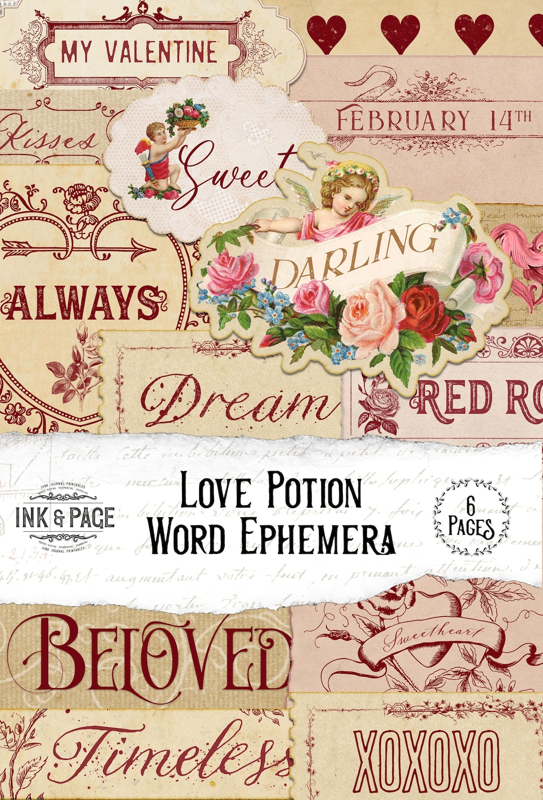 Valentine's Day Printable Word Ephemera Pack, Love Potion, Vintage Junk ...