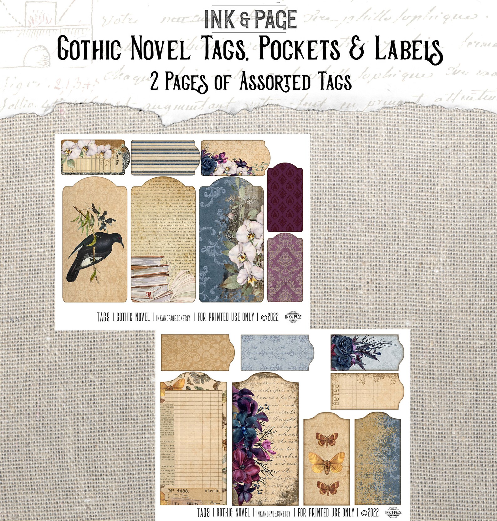 Gothic Novel Printable Tags, Pockets, Labels, Ephemera Pack, Dark ...
