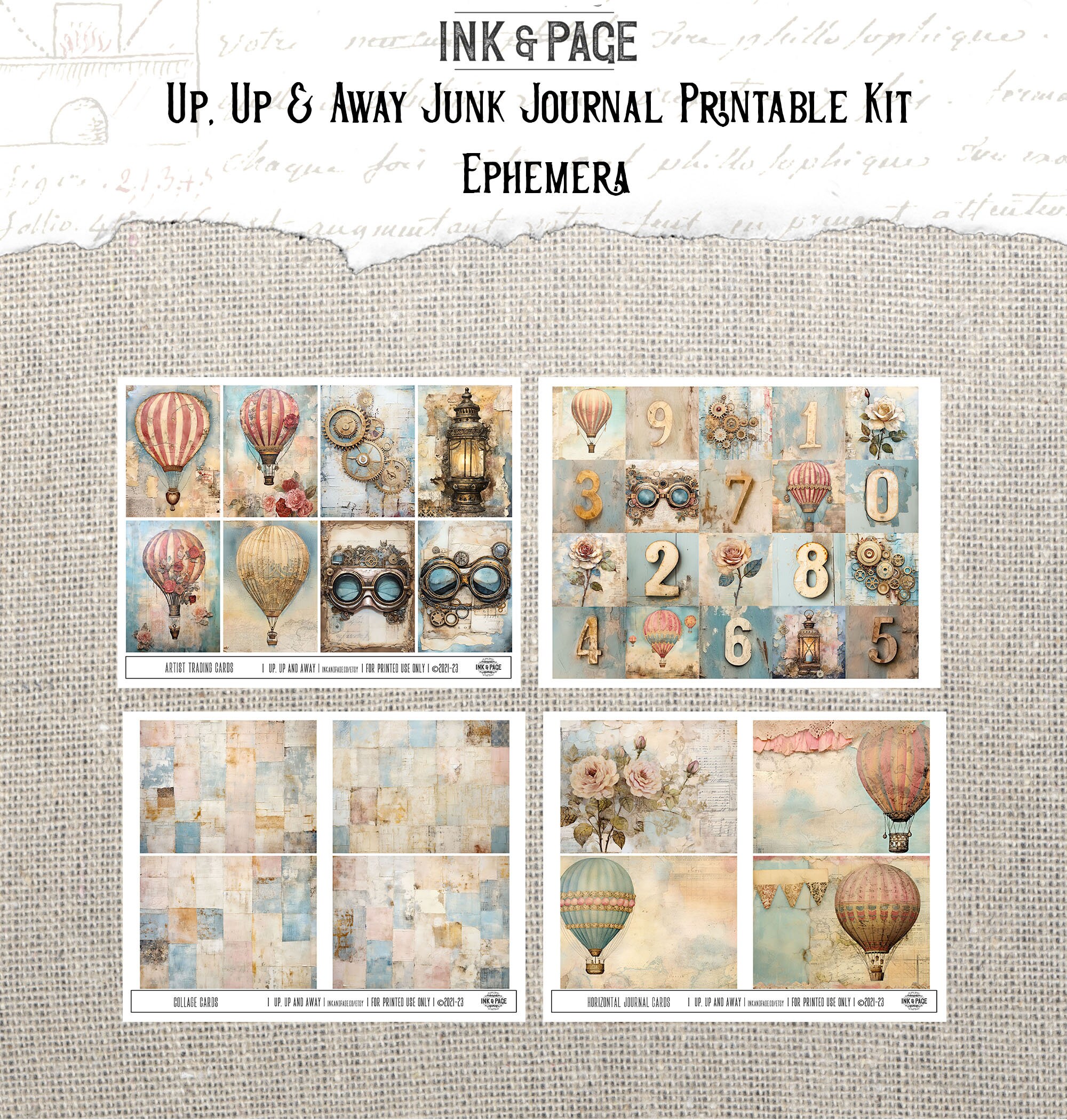 Hot Air Balloon Junk Journal Printable Kit Collage Digital Download ...