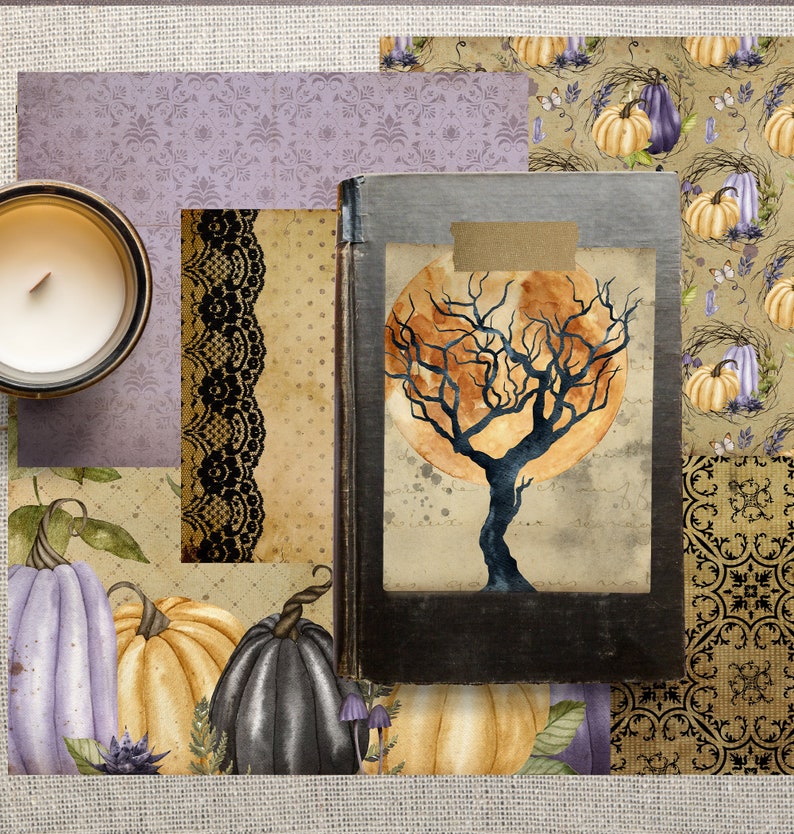 Halloween Digital Paper, Vintage Moon, Purple Junk Journal Kit, Pumpkin ...