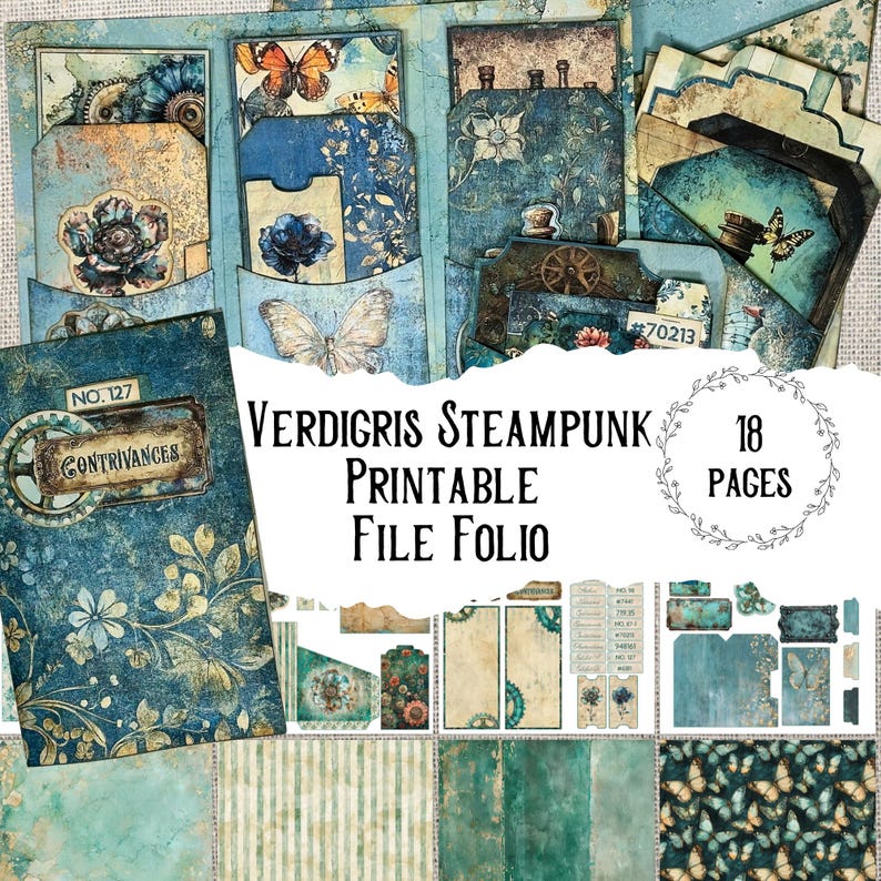 Verdigris Steampunk Printable Folio Copper Patina Junk Journal Folder Laboratory Digital ...