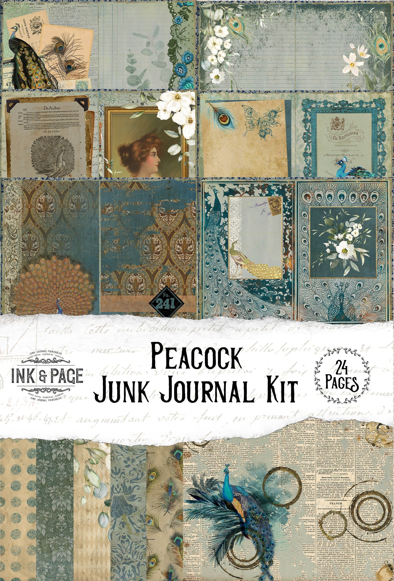 Peacock Junk Journal Printable Kit, Vintage Bird Digital Download, Dark ...