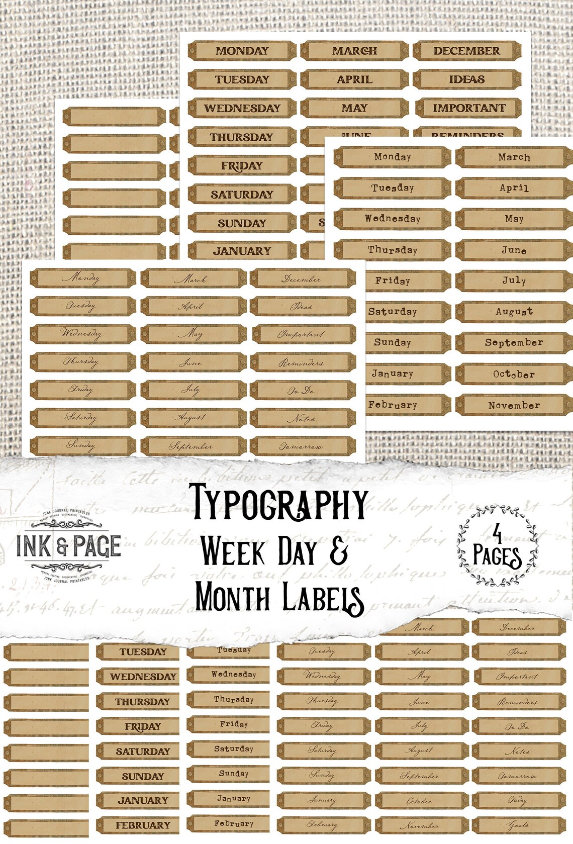 Typography Day and Month Printable Labels for Junk Journals - Etsy