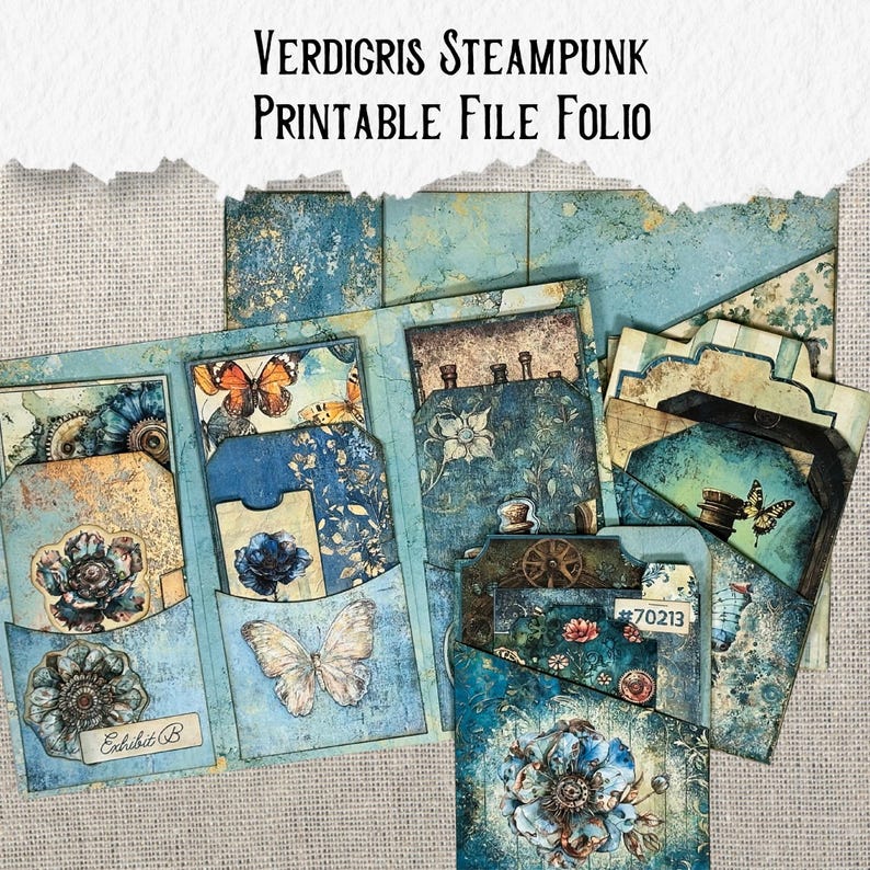 Verdigris Steampunk Printable Folio Copper Patina Junk Journal Folder Laboratory Digital ...