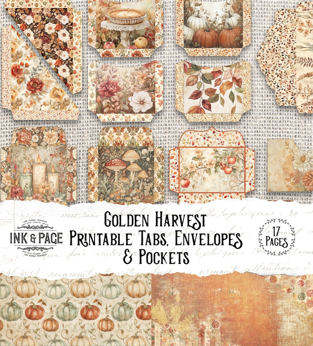 Golden Harvest Printable Ephemera Digital Junk Journal Autumn Pockets ...