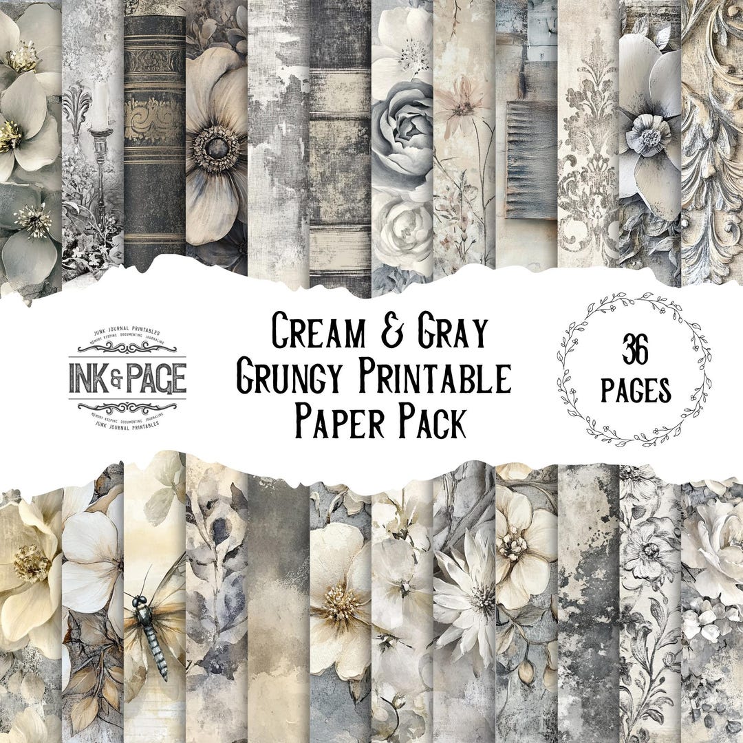 Cream and Gray Printable Paper Pack Pretty Grungy Collage Distressed ...
