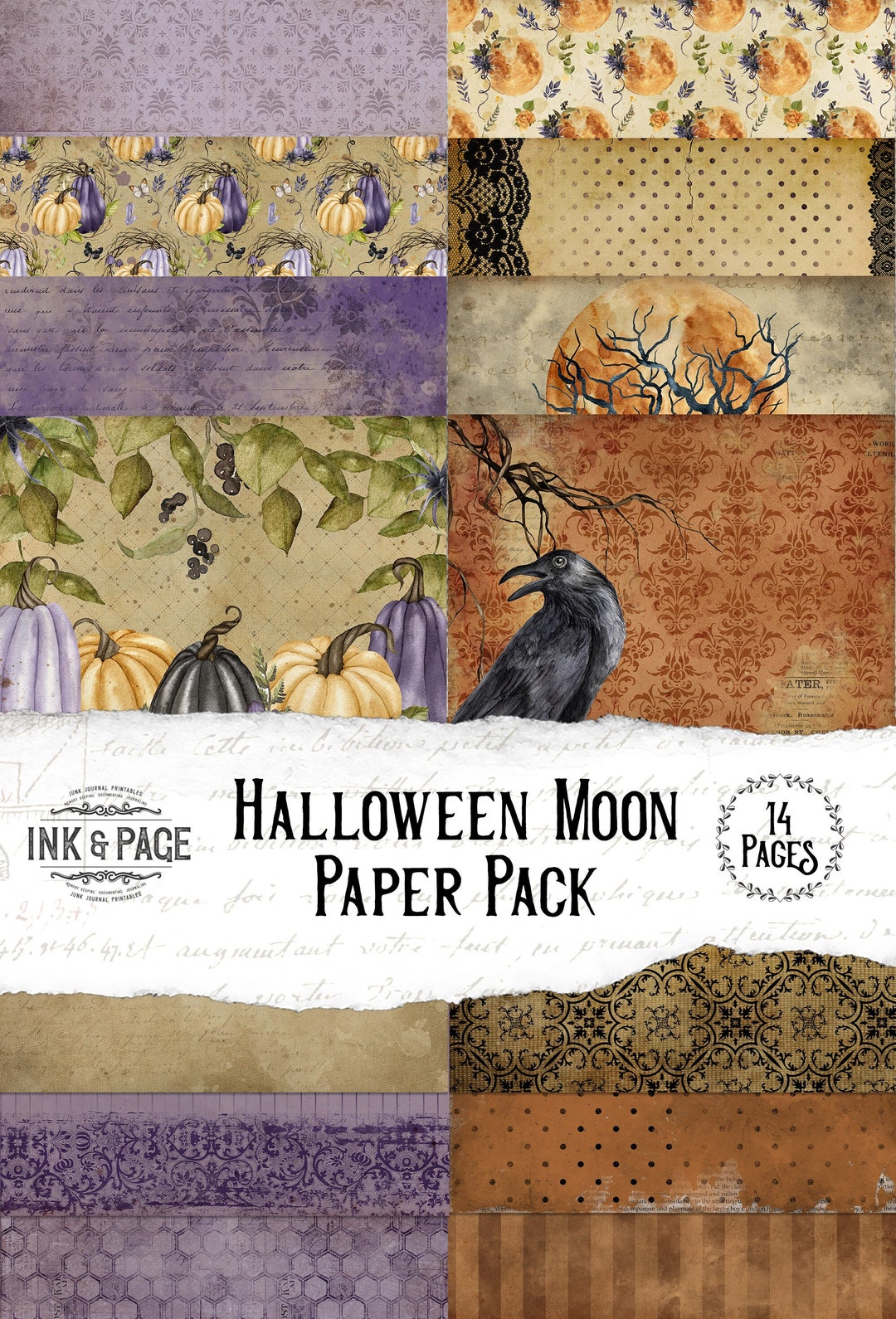 Halloween Digital Paper, Vintage Moon, Purple Junk Journal Kit, Pumpkin ...