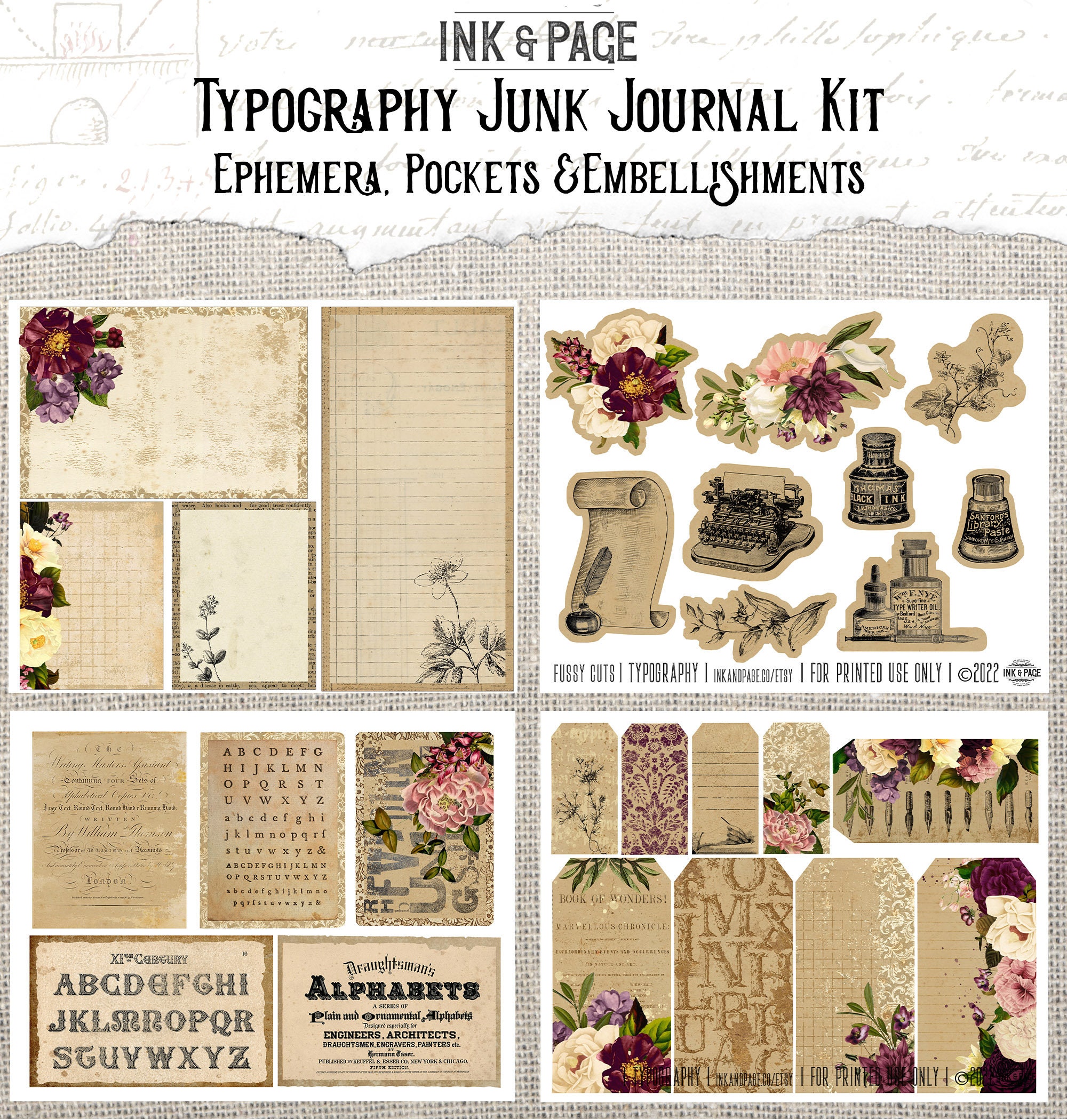 Typography Junk Journal Printable Kit Vintage Alphabets | Etsy UK