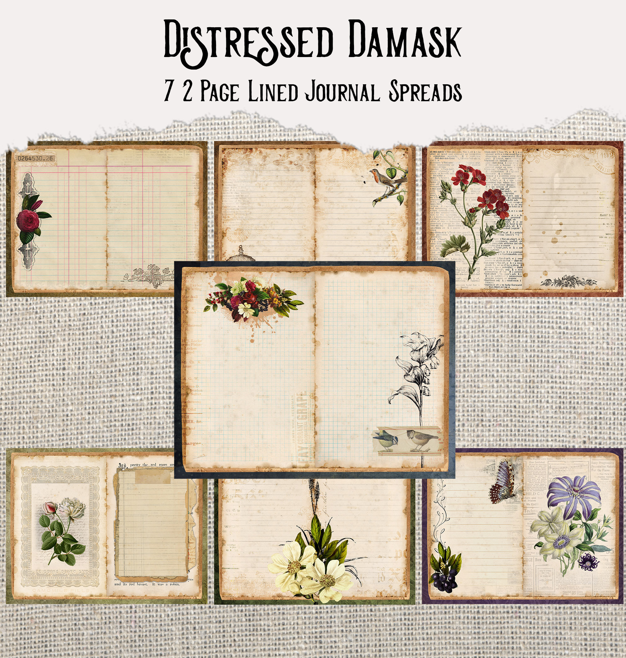 Floral Junk Journal, Printable Kit, Vintage Ephemera, Digital Damask ...