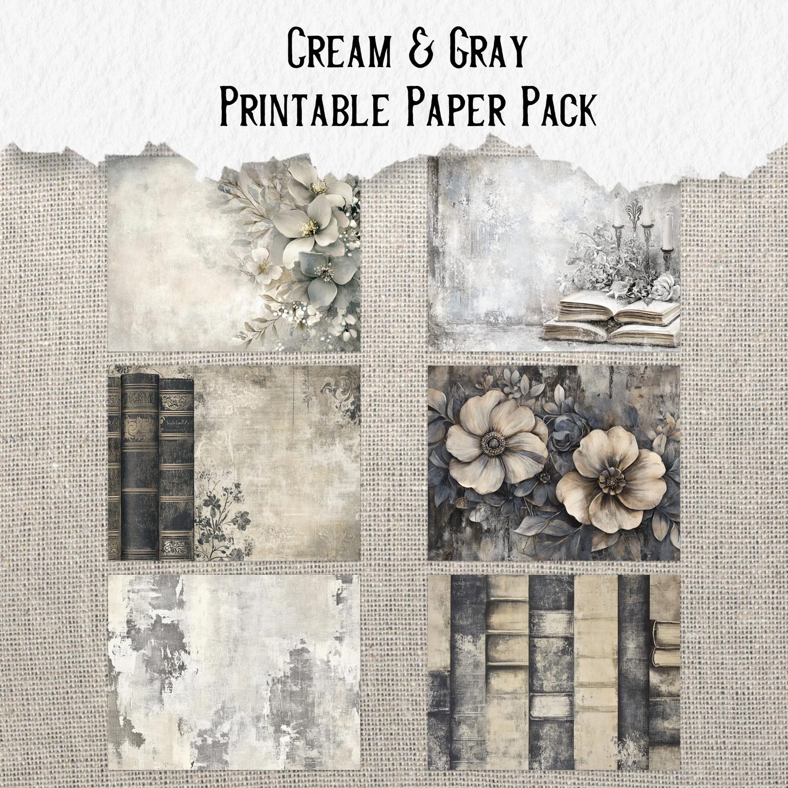 Cream and Gray Printable Paper Pack Pretty Grungy Collage Distressed ...