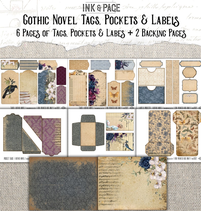 Gothic Novel Printable Tags Pockets Labels Ephemera Pack - Etsy