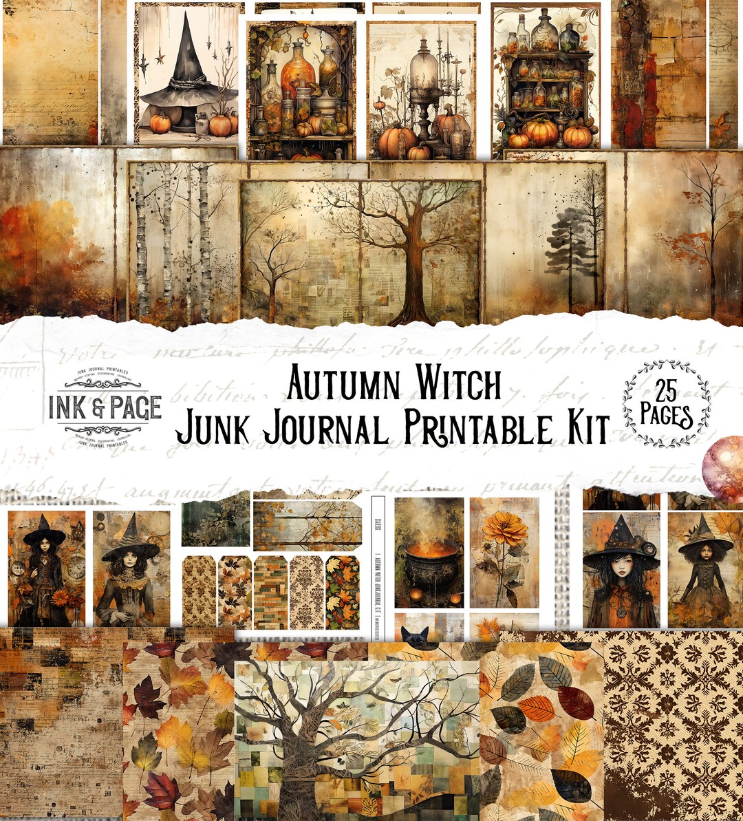 Autumn Witch Junk Journal Printable Kit Halloween Ephemera Collage ...