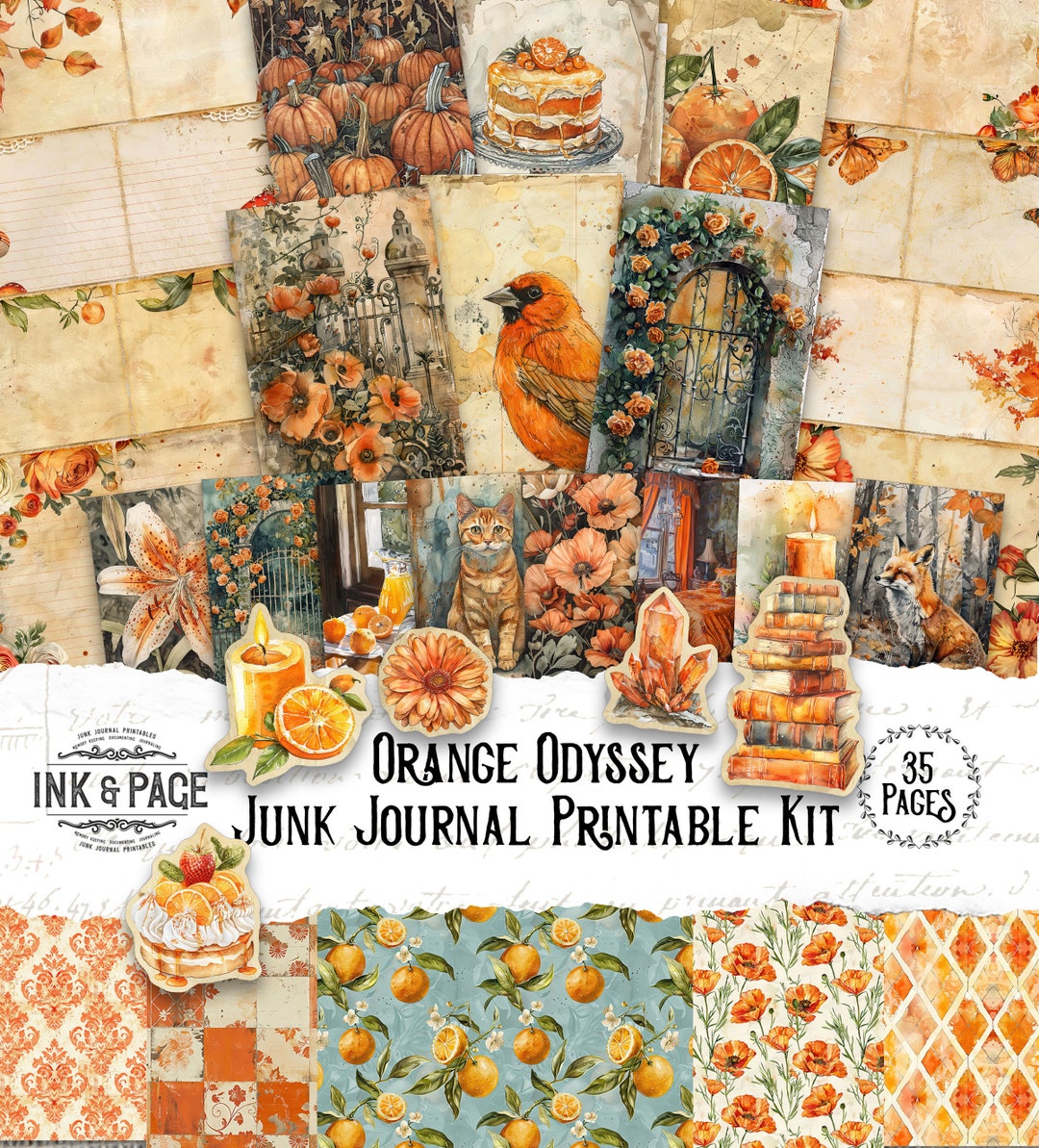 Orange Odyssey Junk Journal Printable Kit Marigold Digital Download ...