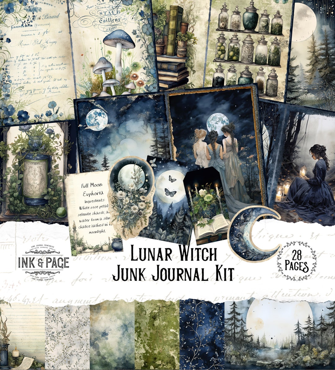 Lunar Witch Junk Journal Printable Kit Moon Digital Download Green ...
