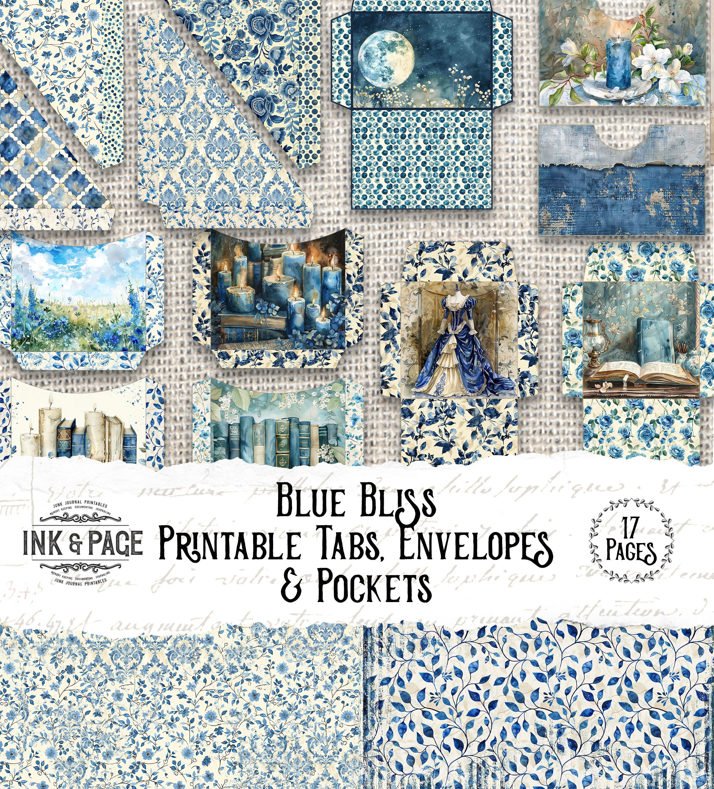 Blue Bliss Printable Ephemera Junk Journal Kit Envelopes Digital ...