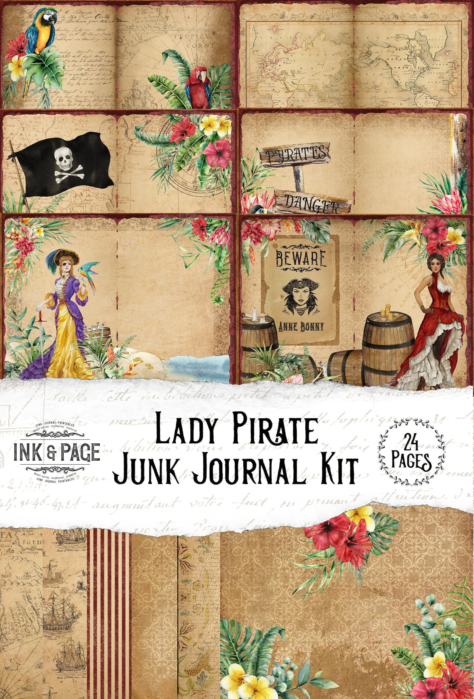 Lady Pirate Junk Journal Printable Kit, Tropical Island, Treasure Sea ...