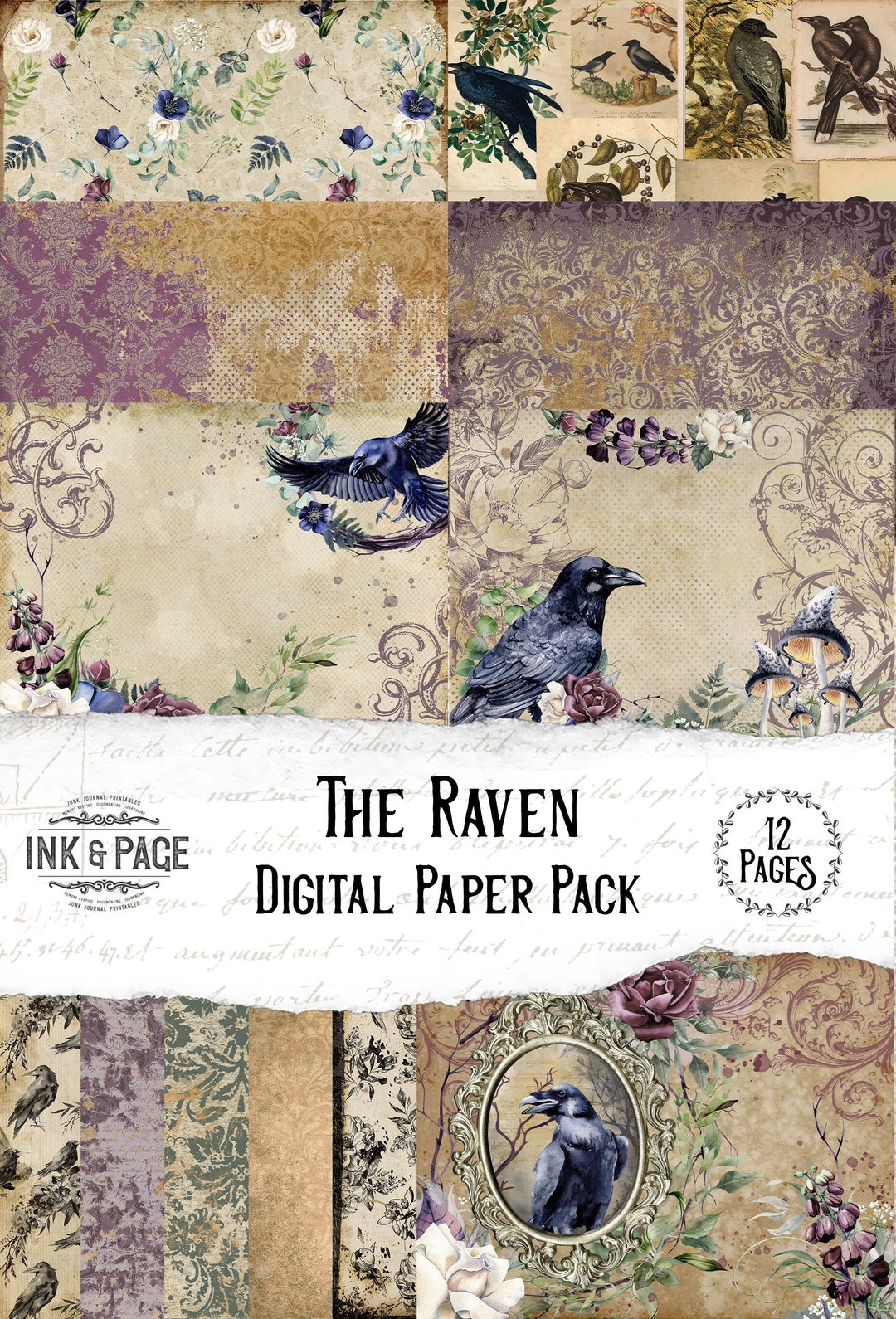 The Raven Printable Paper Pack, Junk Journal Digital Download, Birds ...