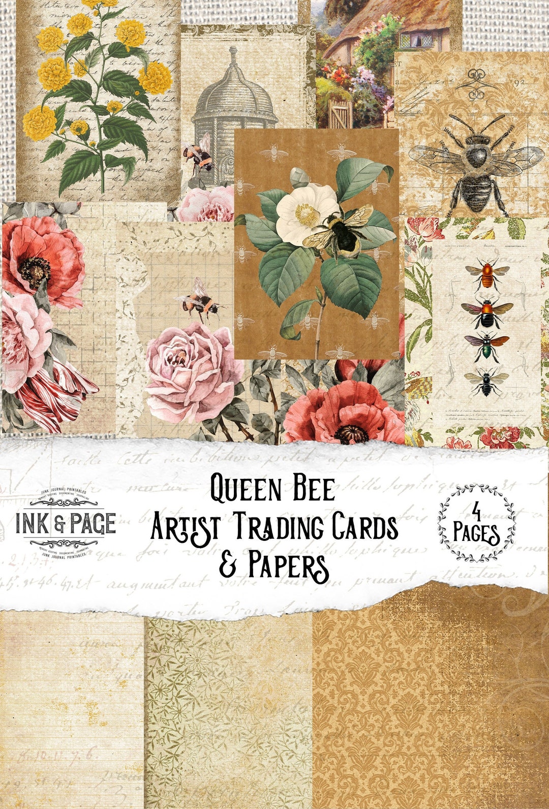 Queen Bee Atcs Printable Artist Trading Cards Vintage Honeybee Junk ...