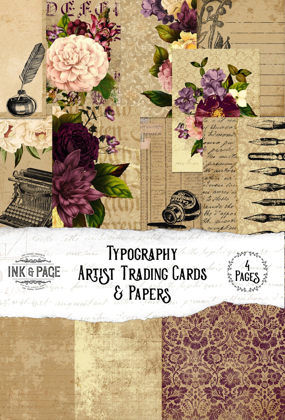 Typography Printable Atcs, Artist Trading Cards, Ephemera Pack, Dark ...