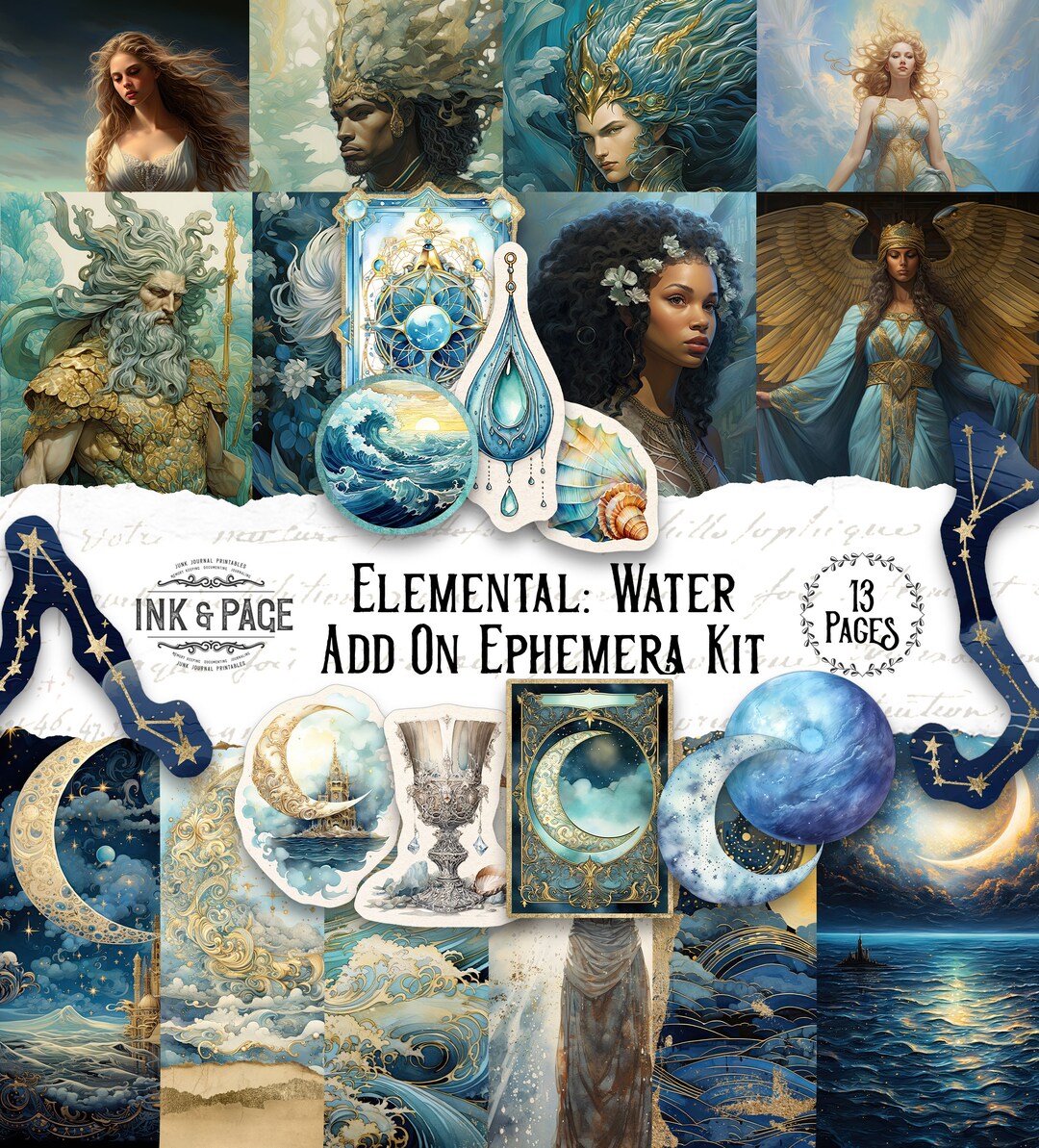 Elemental Water Printable Ephemera Kit Junk Journal Tags Digital ...