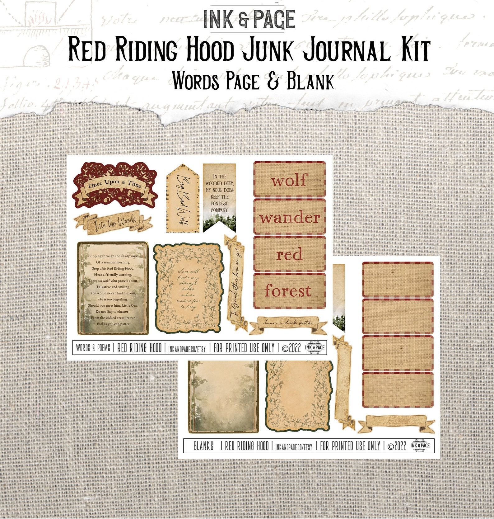 Red Riding Hood Junk Journal Printable Kit, Vintage Fairytale Ephemera ...