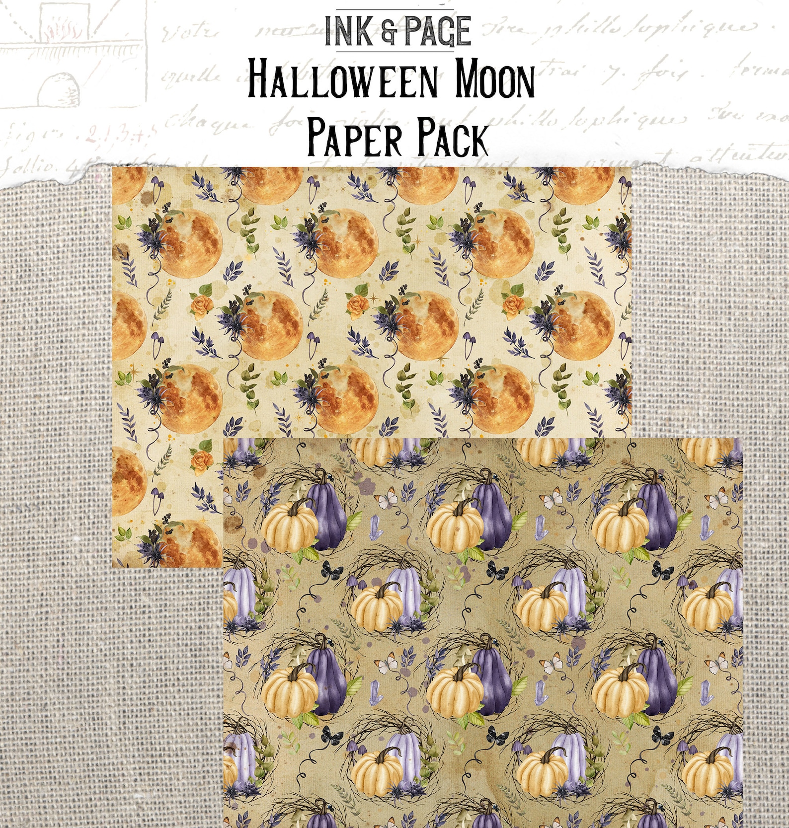 Halloween Digital Paper, Vintage Moon, Purple Junk Journal Kit, Pumpkin ...