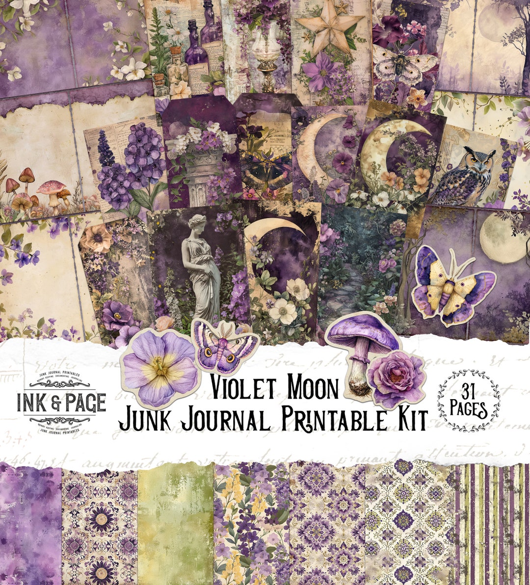 Violet Moon Junk Journal Printable Kit Celestial Collage Paper Digital ...