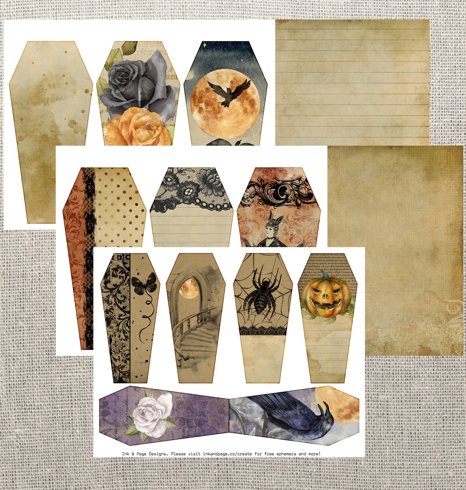 Halloween Moon Coffin Tags, Printable Junk Journal Ephemera, Spooky ...