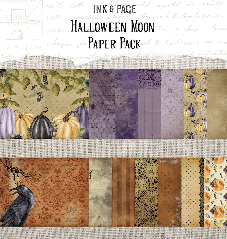 Halloween Digital Paper, Vintage Moon, Purple Junk Journal Kit, Pumpkin ...