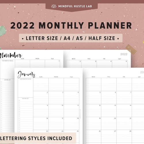 2022 Monthly Planner Printable Half Size A5 Letter Size | Etsy