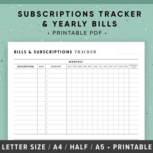Subscriptions Tracker Printable Annual Bills Tracker Year - Etsy