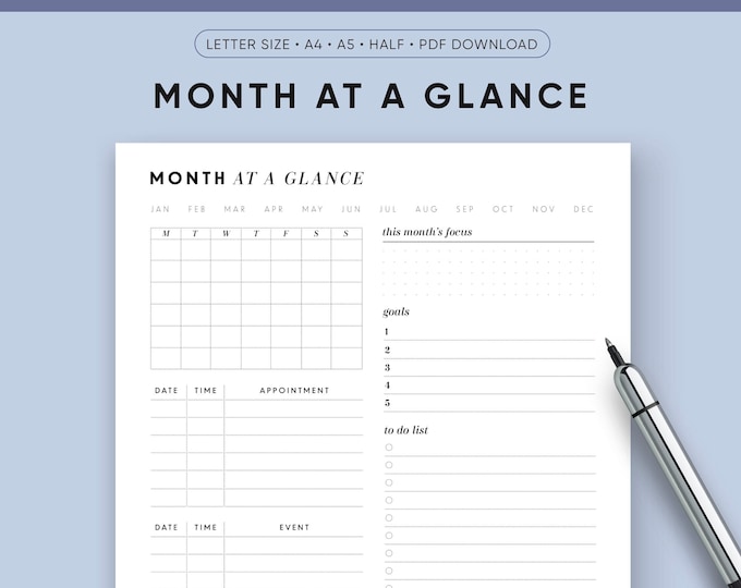 Month at a Glance Printable, Monthly Dashboard, Printable Planner ...