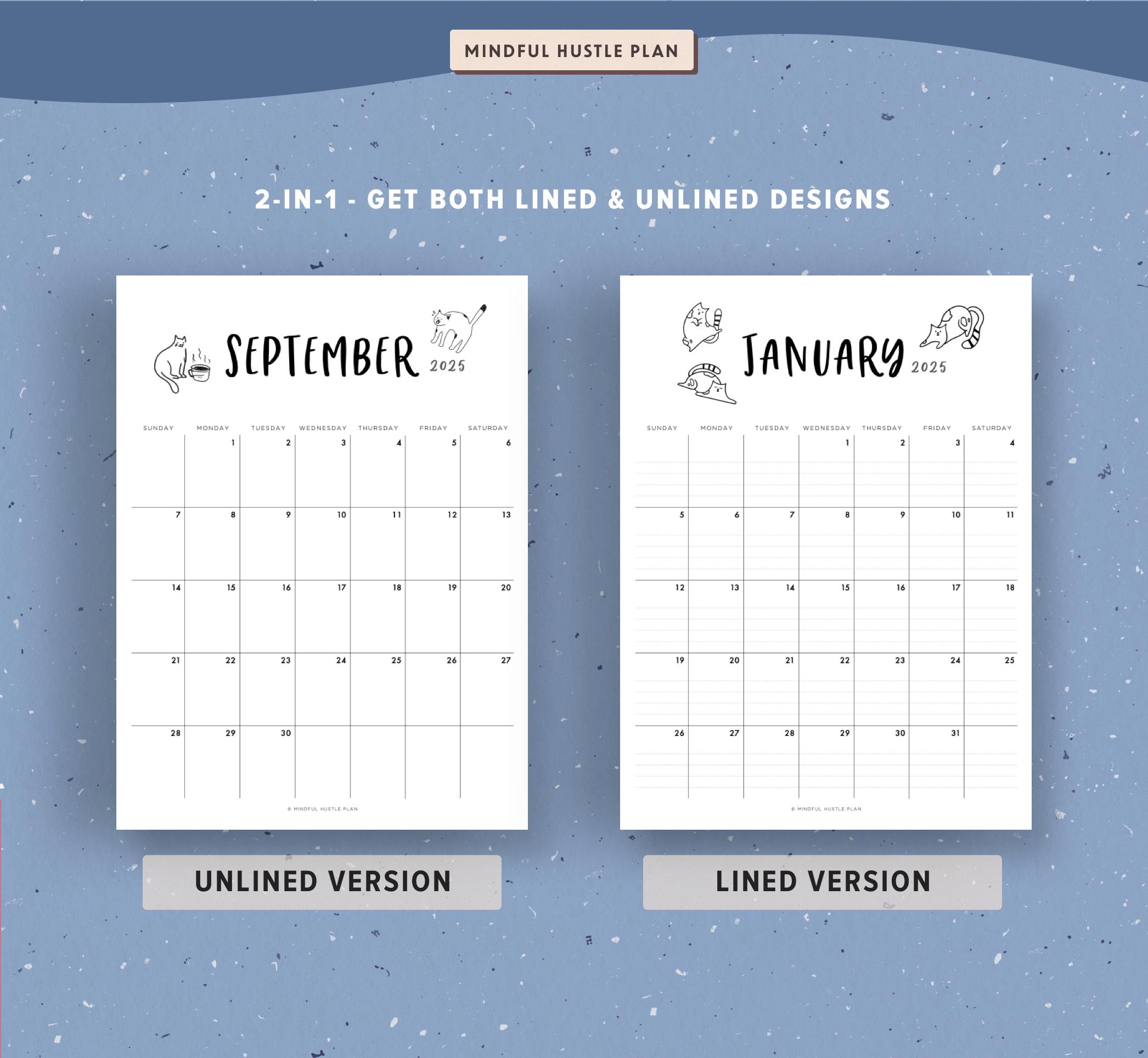 2025 Calendar Printable, Cat Calendar, Funny Cats, Cute Cat, With Lines ...