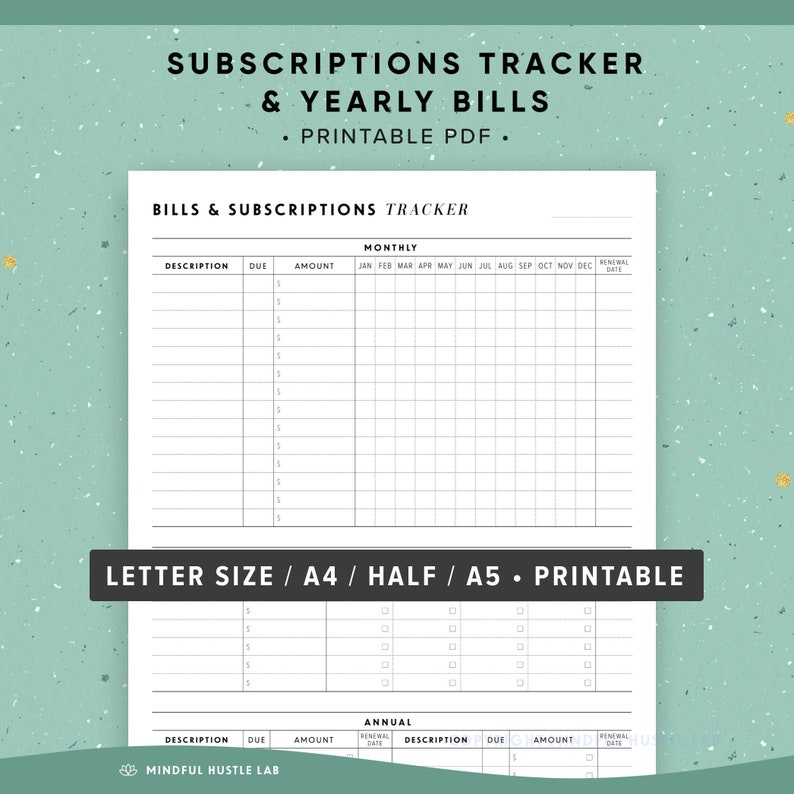 Subscriptions Tracker Printable Annual Bills Tracker Year - Etsy
