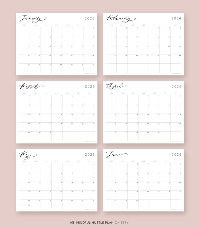 2026 Calendar Printable, Monthly Planner, Landscape Modern Calligraphy ...