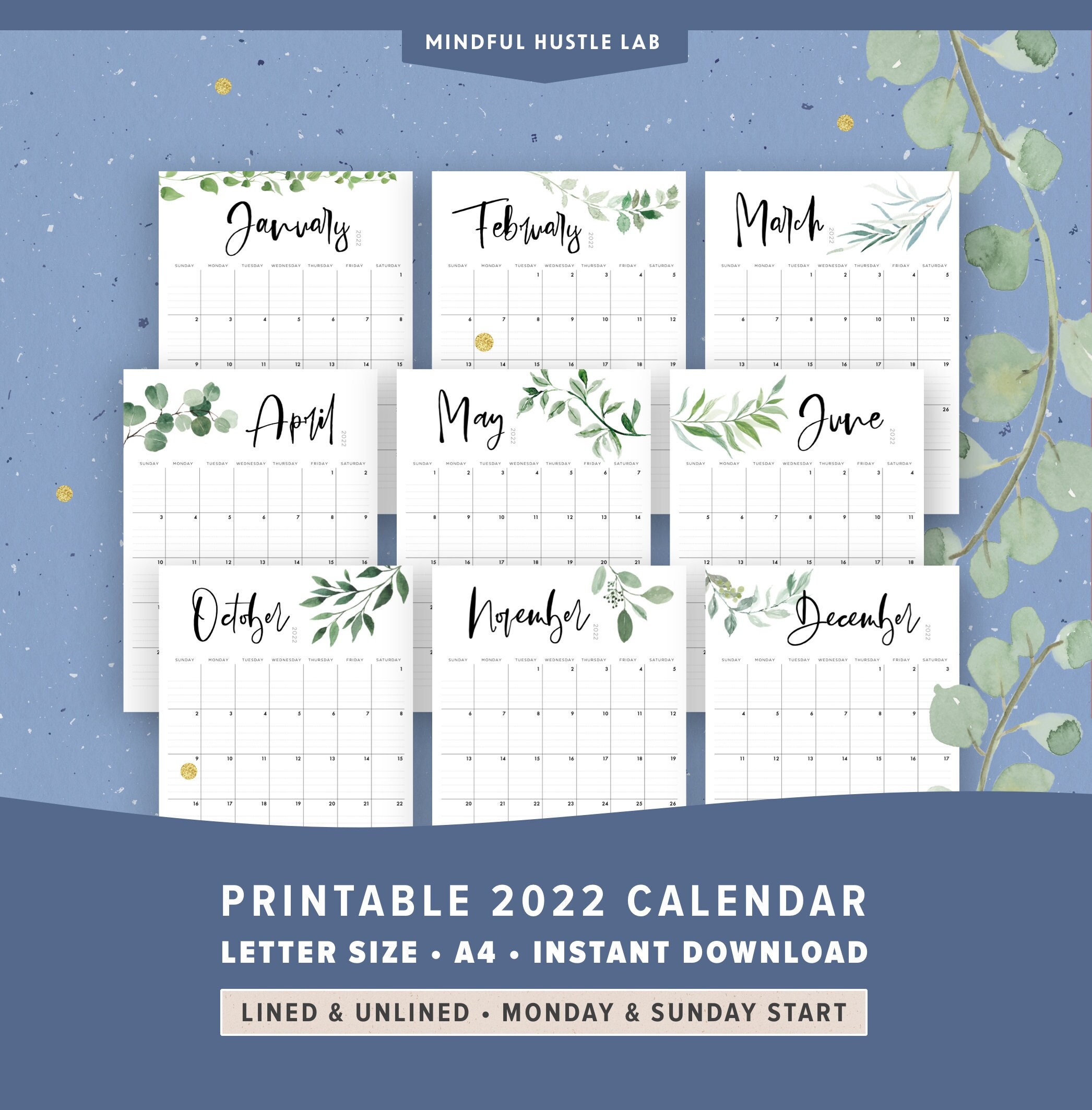 Calendario imprimible 2022 mensual PDF / tamaño carta A4 | Etsy España Calendario imprimible 2022 mensual PDF / tamaño carta A4 | Etsy España