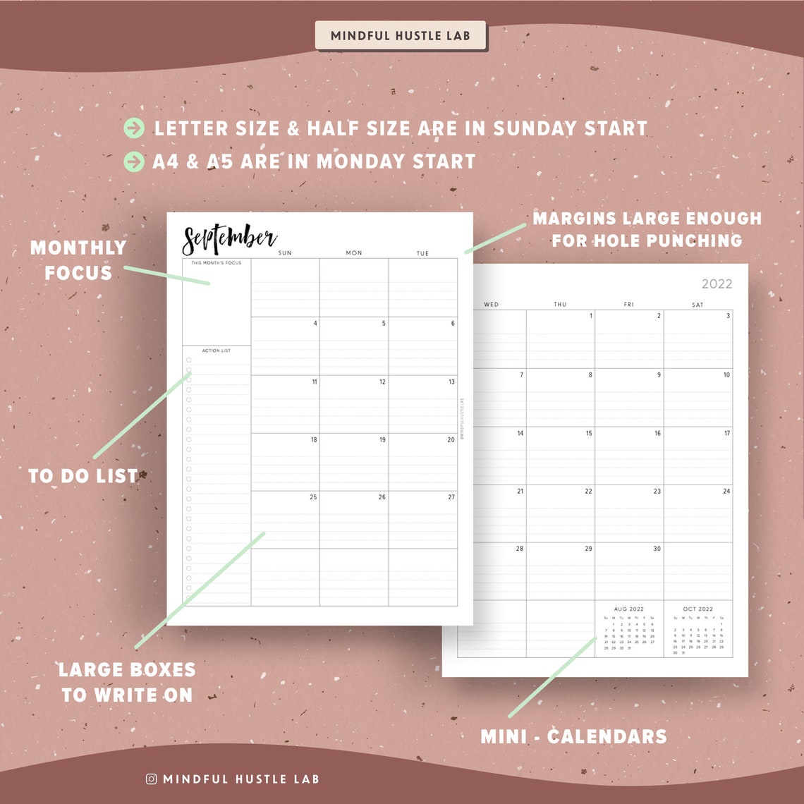 2022 Monthly Planner Printable Half Size A5 Letter Size - Etsy